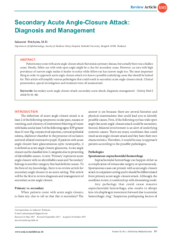 (PDF) Secondary Acute Angle-Closure Attack: Diagnosis and Management