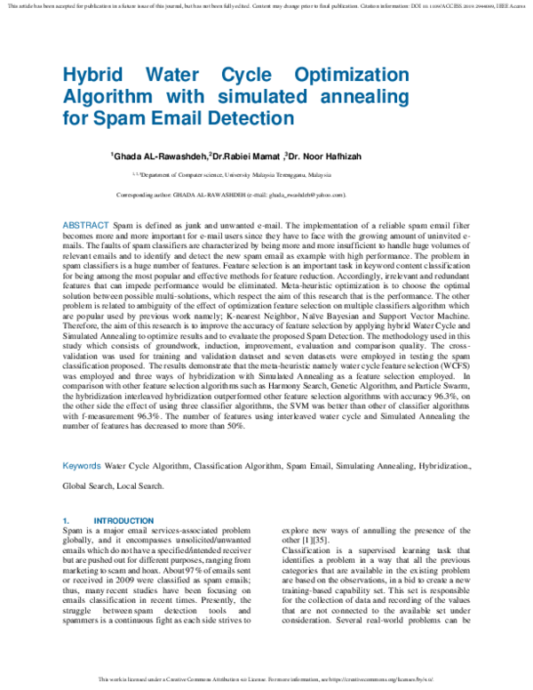 (PDF) Hybrid Water Cycle Optimization Algorithm with simulated annealing for Spam Email Detection