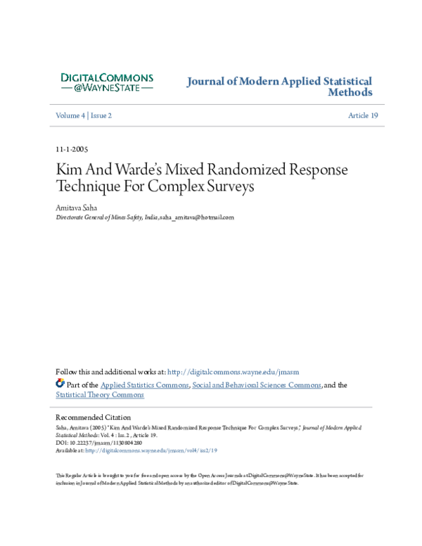 Pdf Kim And Wardes Mixed Randomized Response Technique For Complex Surveys