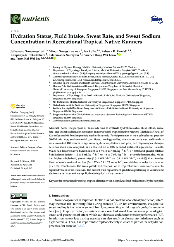 (PDF) Hydration Status, Fluid Intake, Sweat Rate, and Sweat Sodium ...