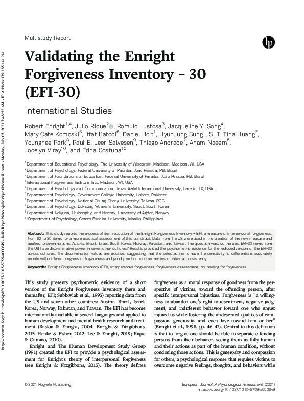 (PDF) Validating the Enright Forgiveness Inventory – 30 (EFI-30)