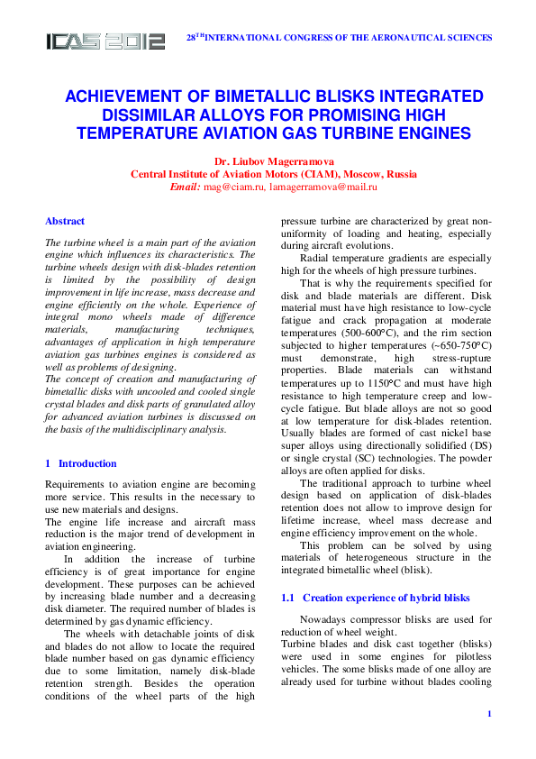 (PDF) Achievement of Bimetallic Blisks Integrated Dissimilar Alloys for ...