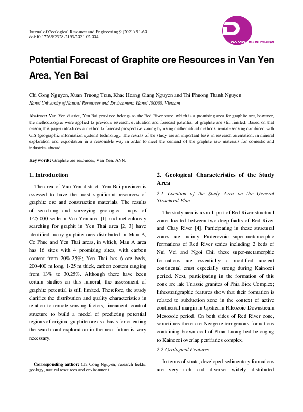 (PDF) Potential Forecast of Graphite ore Resources in Van Yen Area, Yen Bai