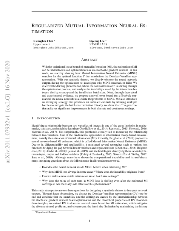 (PDF) Regularized Mutual Information Neural Estimation