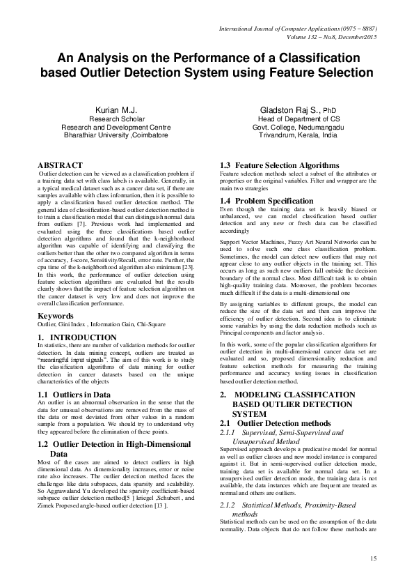 Pdf An Analysis On The Performance Of A Classification Based Outlier Detection System Using