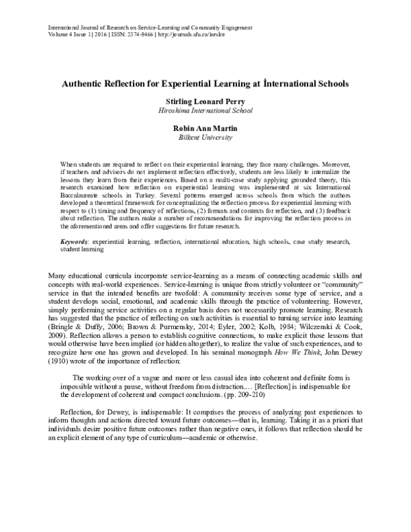(PDF) Authentic Reflection for Experiential Learning at İnternational Schools