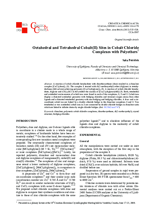(PDF) Octahedral and Tetrahedral Cobalt(II) Sites in Cobalt Chloride ...