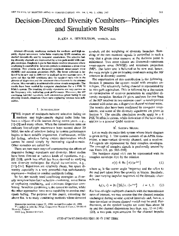 (PDF) Decision-Directed Diversity Combiners--Principles and Simulation Results | Jukka ...