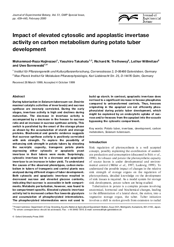 (PDF) Impact of elevated cytosolic and apoplastic invertase activity on ...