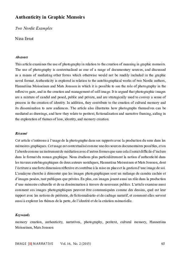 (PDF) Authenticity in Graphic Memoirs. Two Nordic Examples