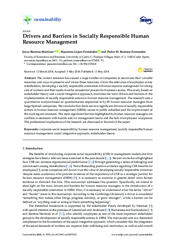 (PDF) Drivers and Barriers in Socially Responsible Human Resource Management
