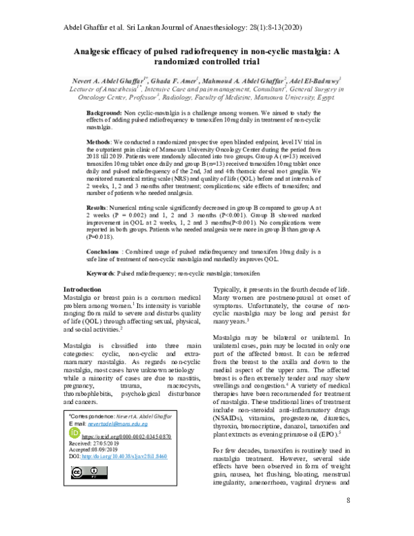 (PDF) Analgesic efficacy of pulsed radiofrequency in non-cyclic ...