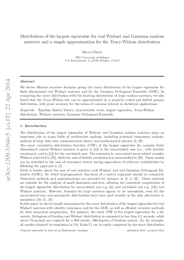 Pdf Distribution Of The Largest Eigenvalue For Real Wishart And Gaussian Random Matrices And A