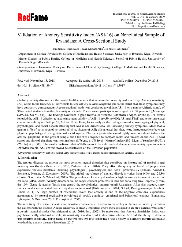 (PDF) Validation of Anxiety Sensitivity Index (ASI-16) on Nonclinical ...