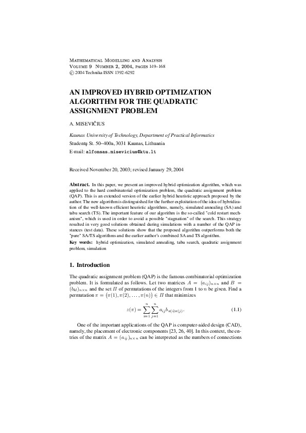 Pdf An Improved Hybrid Optimization Algorithm For The Quadratic Assignment Problem