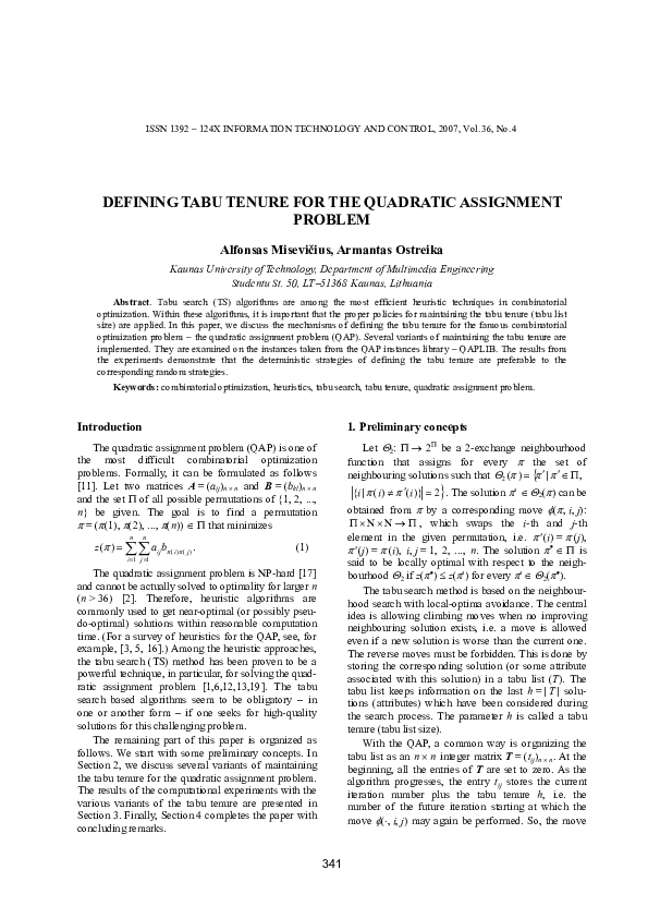 (PDF) Defining Tabu Tenure for the Quadratic Assignment Problem