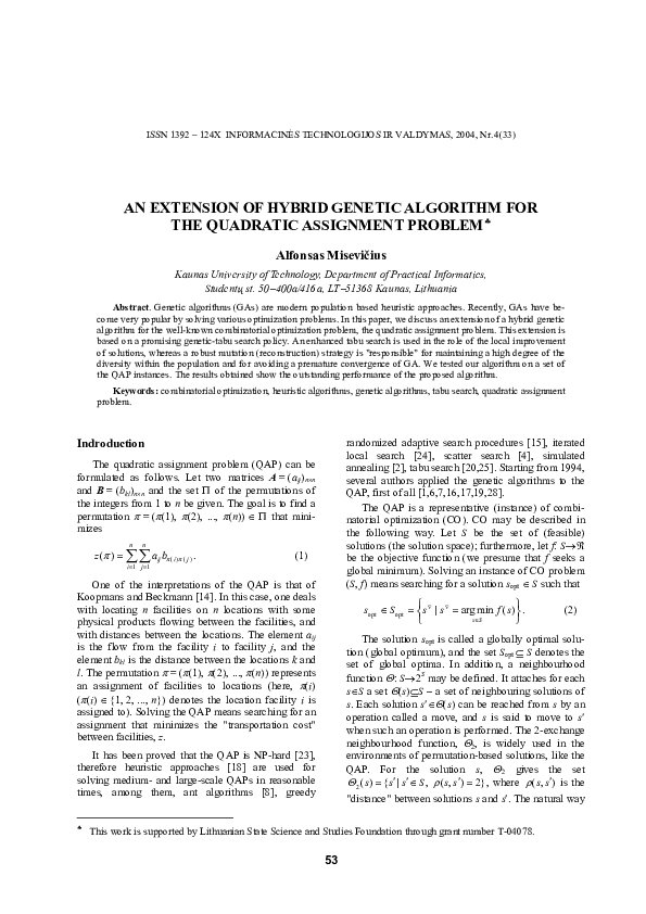 Pdf An Extension Of Hybrid Genetic Algorithm For The Quadratic Assignment Problem