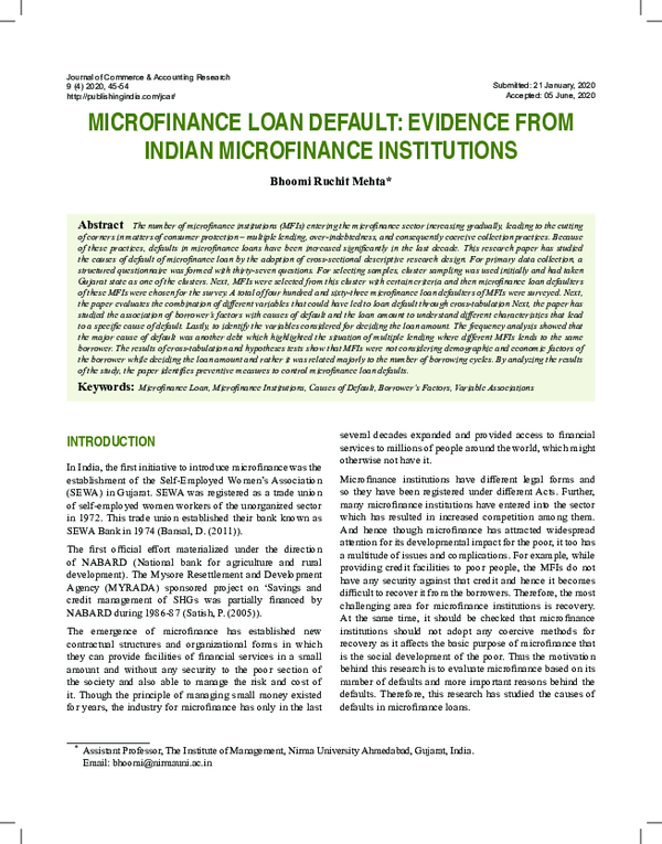(PDF) Microfinance Loan Default: Evidence from Indian Microfinance Institutions
