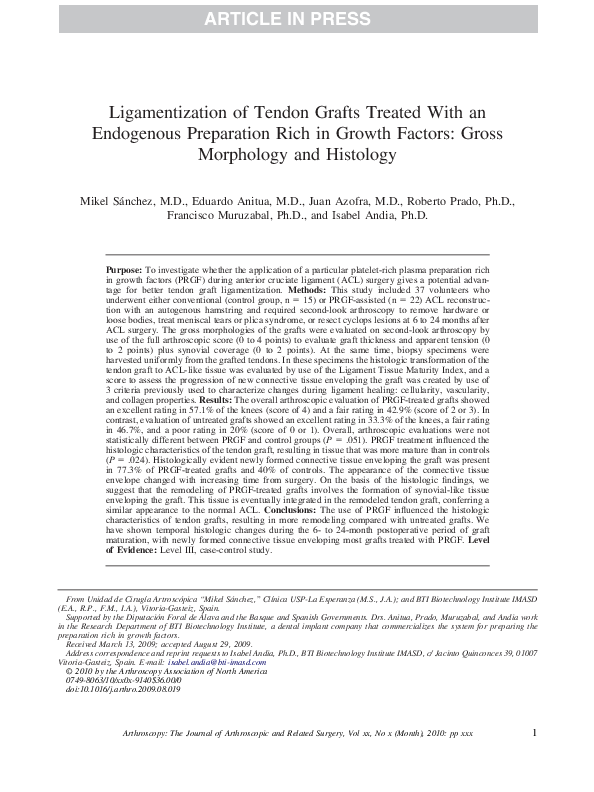 (PDF) Ligamentization of Tendon Grafts Treated With an Endogenous ...
