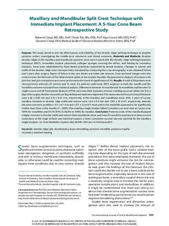 (PDF) Maxillary and Mandibular Split Crest Technique with Immediate Implant Placement: A 5-Year ...