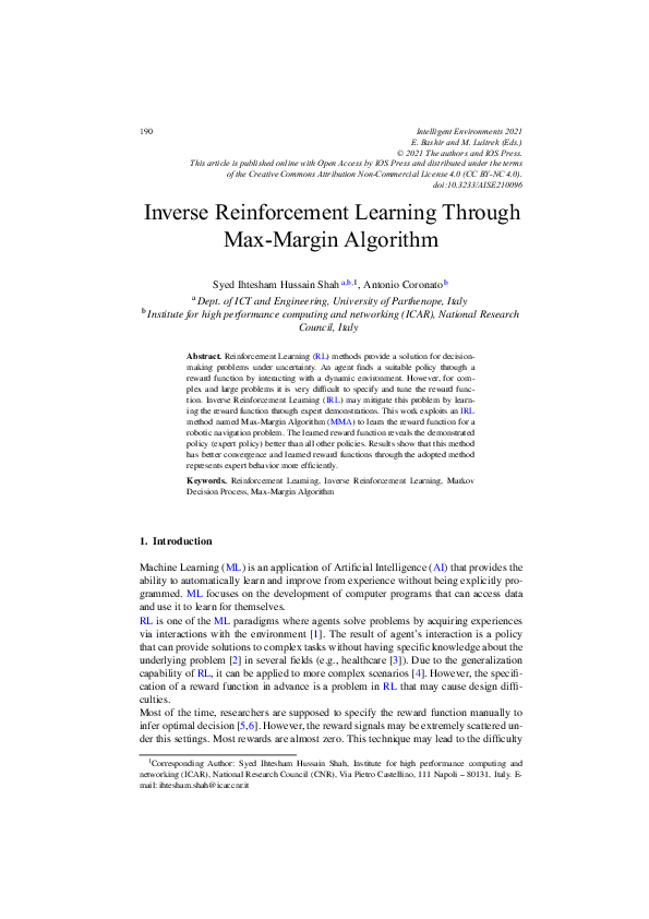 (PDF) Inverse Reinforcement Learning Through Max-Margin Algorithm
