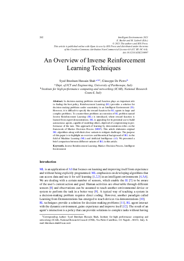 (PDF) An Overview of Inverse Reinforcement Learning Techniques