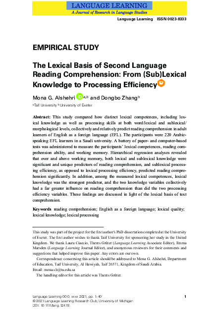 (PDF) The Lexical Basis of Second Language Reading Comprehension: From (Sub)Lexical Knowledge to ...