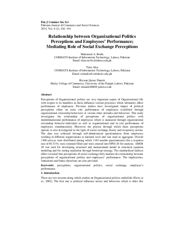 (PDF) Relationship between Organizational Politics Perceptions and Employees' Performance ...