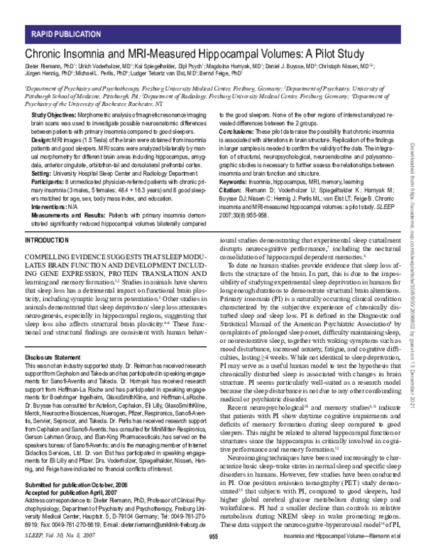 (PDF) Chronic insomnia and MRI-measured hippocampal volumes: a pilot study