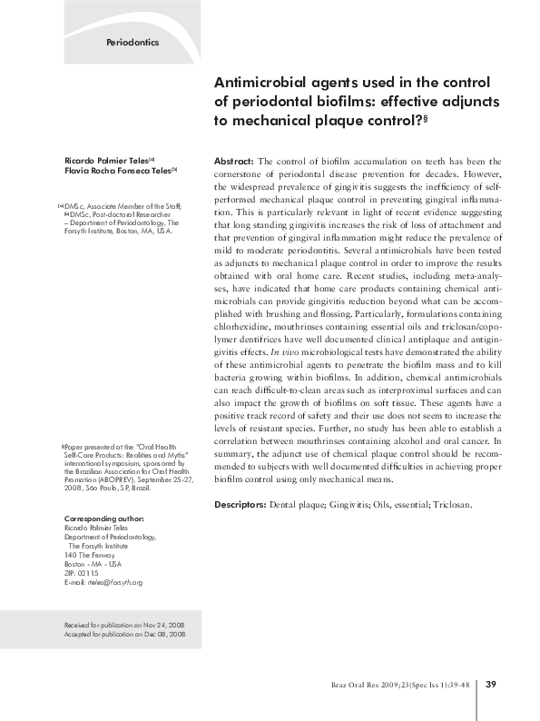 (PDF) Antimicrobial agents used in the control of periodontal biofilms ...
