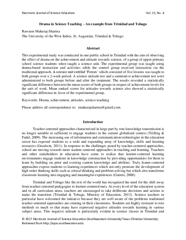 (PDF) Drama in Science Teaching – An example from Trinidad and Tobago