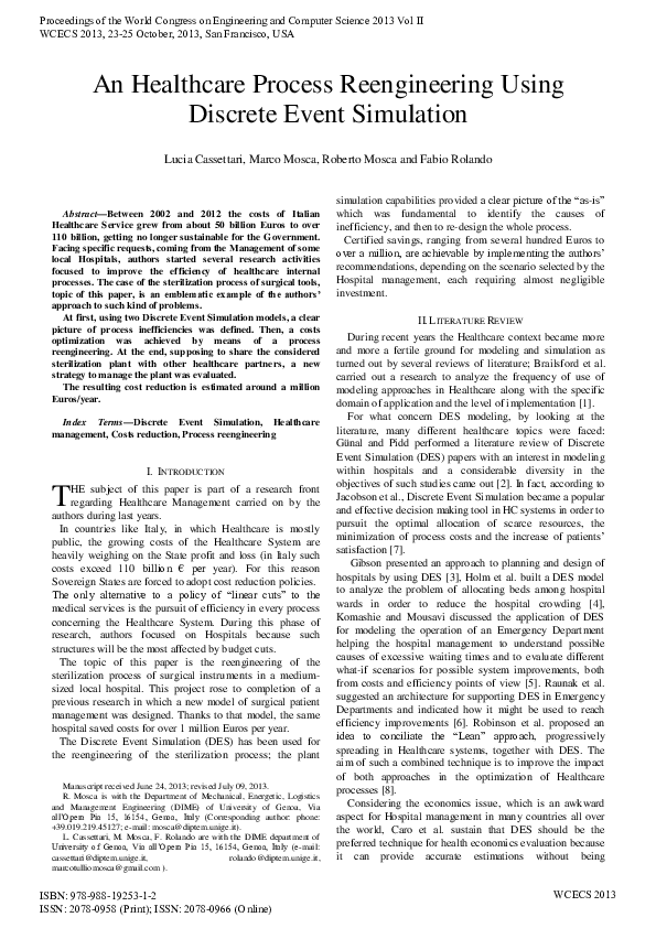 (PDF) An Healthcare Process Reengineering Using Discrete Event Simulation