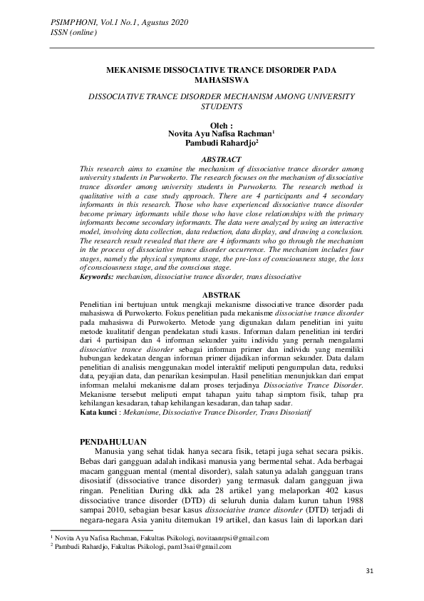 (PDF) Mekanisme Dissociative Trance Disorder pada Mahasiswa | pambudi ...