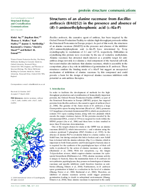 (PDF) Structures of an alanine racemase from Bacillus anthracis (BA0252 ...