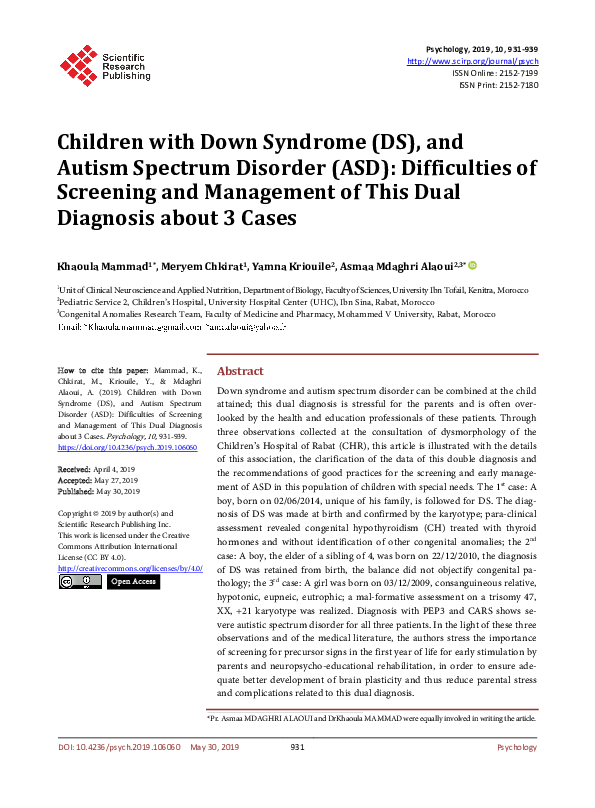 (PDF) Children with Down Syndrome (DS), and Autism Spectrum Disorder ...