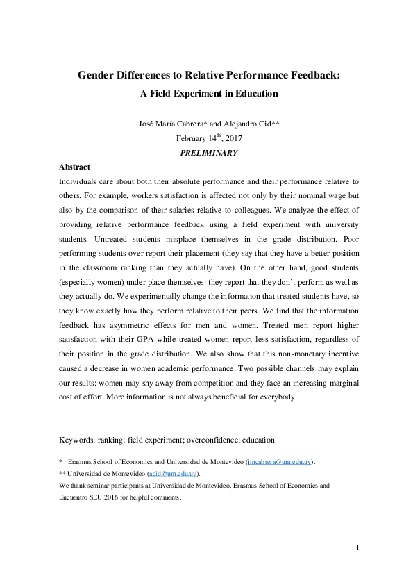 Pdf Gender Differences To Relative Performance Feedback A Field Experiment In Education