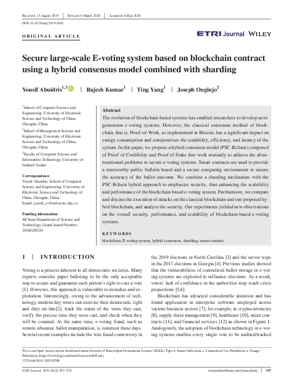Secure Large‐scale E‐voting System Based On Blockchain Contract Using A