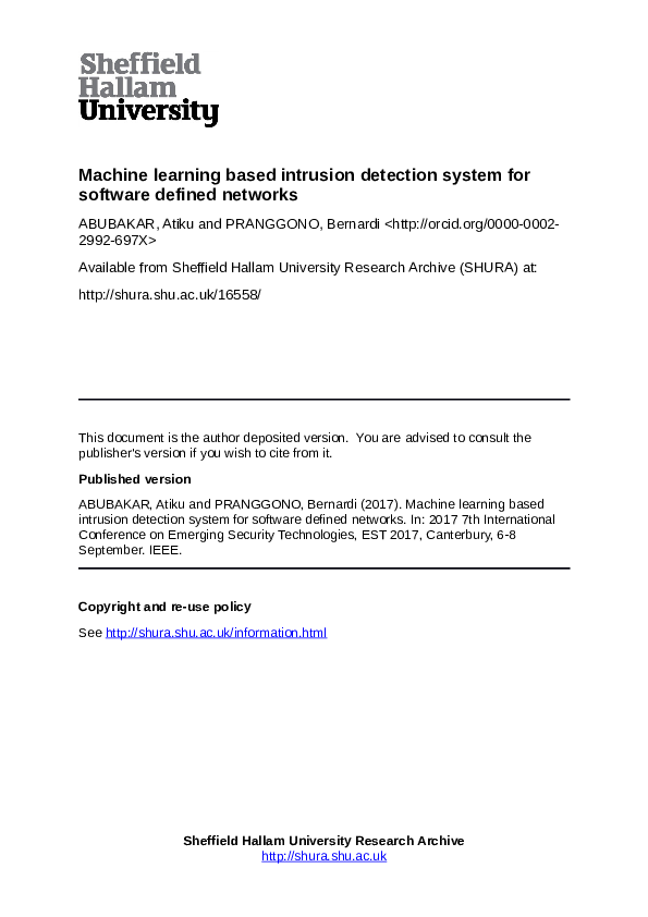 (PDF) Machine learning based intrusion detection system for software defined networks