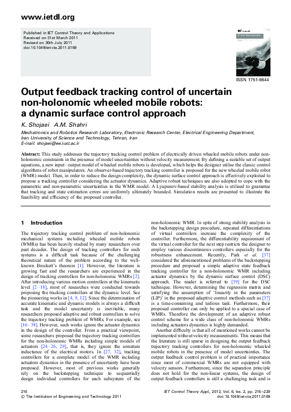 Pdf Output Feedback Tracking Control Of Uncertain Non Holonomic Wheeled Mobile Robots A