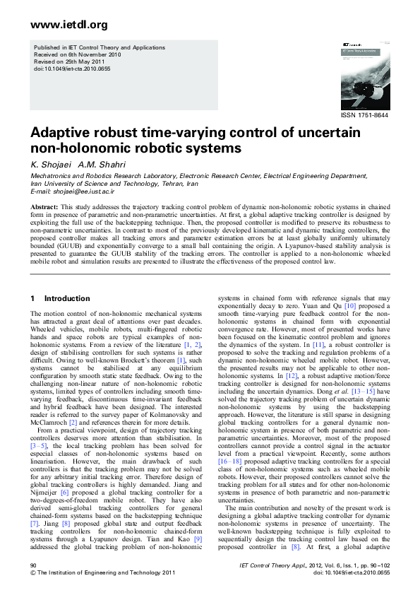 Pdf Adaptive Robust Time Varying Control Of Uncertain Non Holonomic Robotic Systems