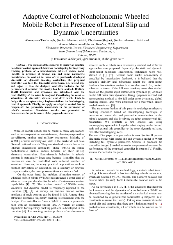 Pdf Adaptive Control Of Nonholonomic Wheeled Mobile Robot In Presence Of Lateral Slip And 