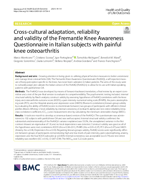 (PDF) Cross-cultural adaptation, reliability and validity of the Fremantle Knee Awareness ...
