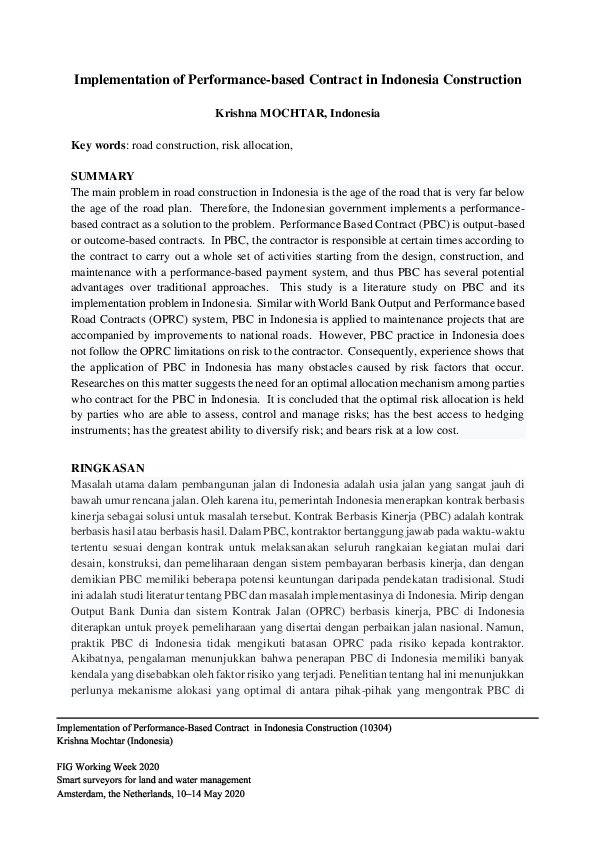 (PDF) Implementation of Performance-based Contract in Indonesia ...