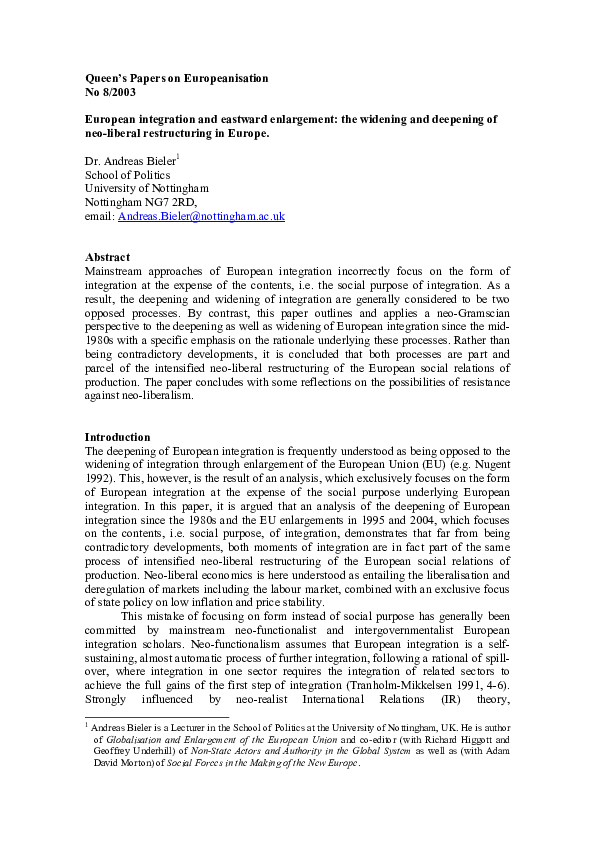 (PDF) European integration and eastward enlargement: the widening and ...