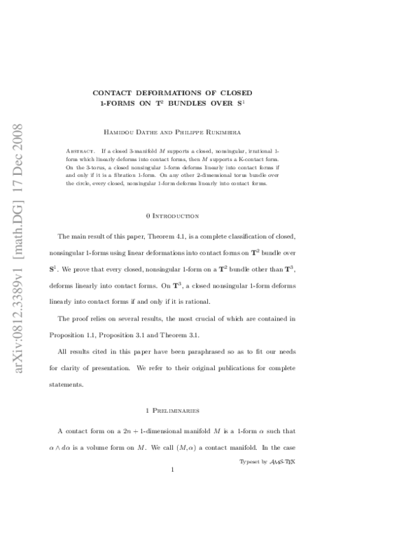 (PDF) Contact deformations of closed 1-forms on Torus bundles over the circle