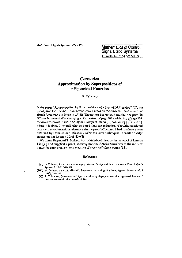 (PDF) Approximation by superpositions of a sigmoidal function