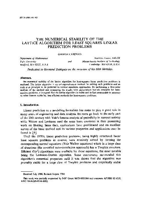 (PDF) The numerical stability of the lattice algorithm for least squares linear prediction problems