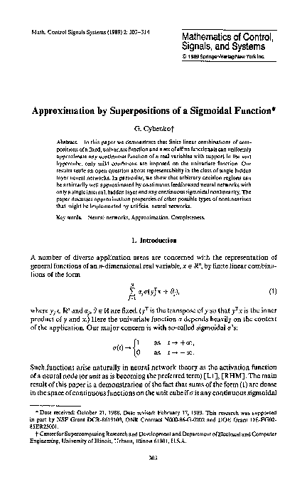 Pdf Approximation By Superpositions Of A Sigmoidal Function