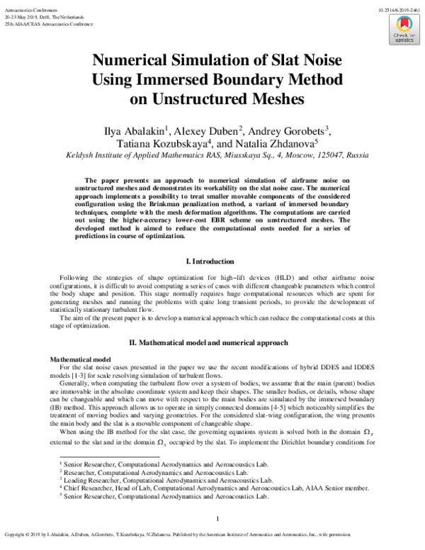 (PDF) Numerical Simulation of Slat Noise of High-Lift Devices Using Immersed Boundary Method on ...