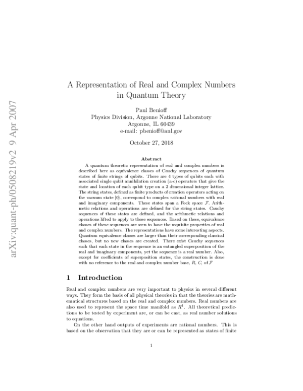 (PDF) A representation of real and complex numbers in quantum theory | Paul Benioff - Academia.edu
